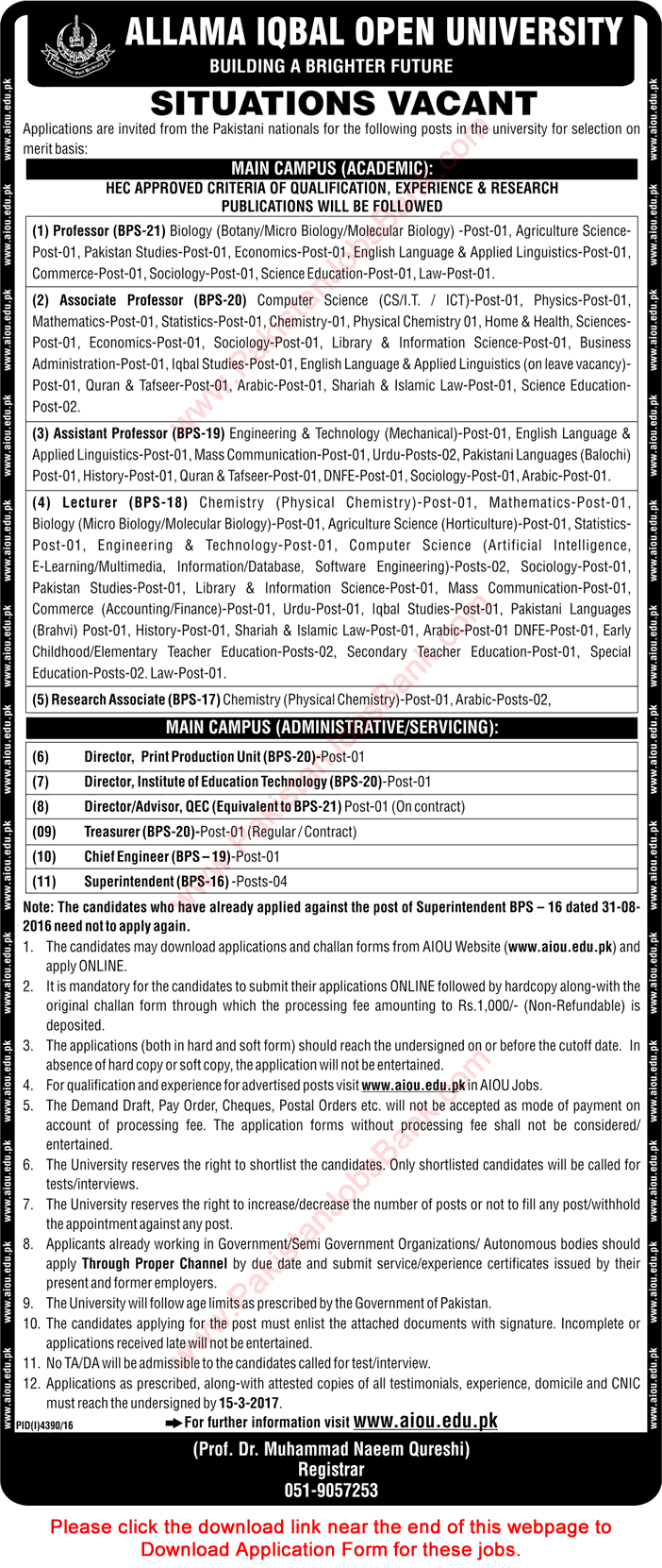 Allama Iqbal Open University Islamabad Jobs February 2017 AIOU Application Form Teaching Faculty ...
